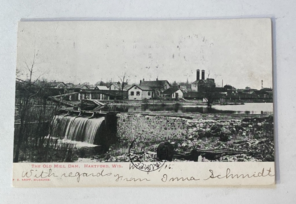 2 Postcards: The Old Mill Dam Hartford WI Wis -one is a RPPC 1906 ...