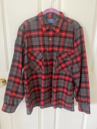Pendleton M Red Grey Plaid Shirt Button Up 100% Virgin Wool USA Made Lumbar Jack | eBay