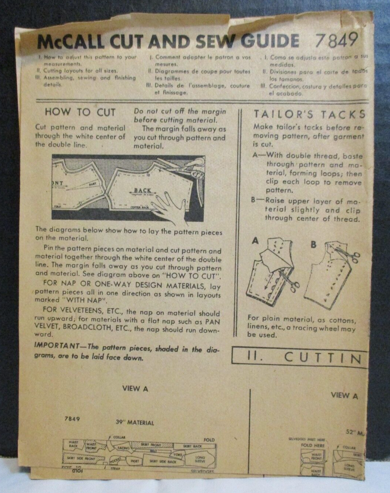 McCall's Pattern 7849 Misses Dress Size 12 Bust 30" Vtg 1949 Sleeve ...