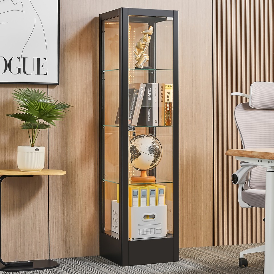Lockable Steel Display Cabinet with RGB Light Glass 4-layer Bookshelf ...