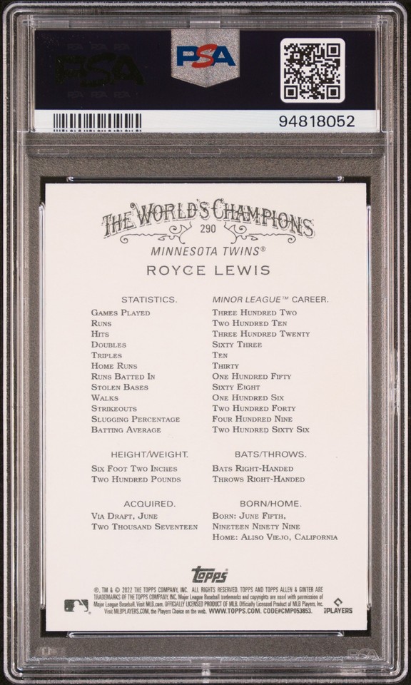 2022 Topps Allen & Ginter #290 Royce Lewis PSA DNA Autograph 10 Rookie ...