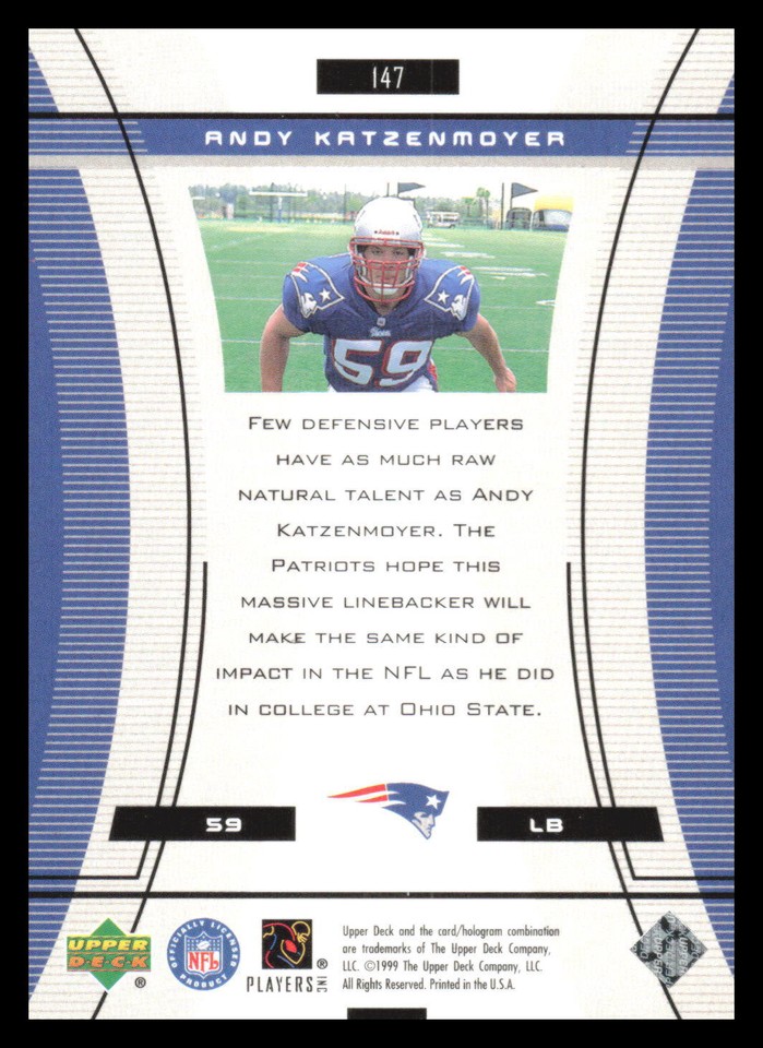 1999 Upper Deck Black Diamond Andy Katzenmoyer #147 RC New England ...
