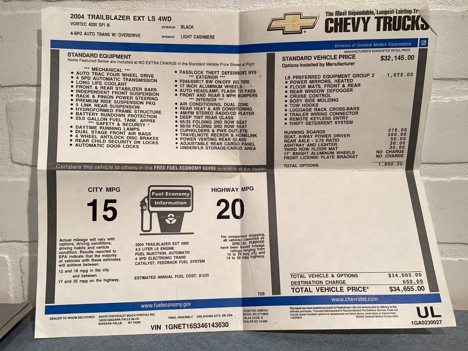 Original GM Monroney Window Stickers Chevrolet Buick Pontiac - Choose ...