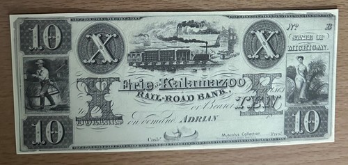 Circa 1853 Erie and Kalamazoo Railroad Bank of Adrian, MI ten dollar ...