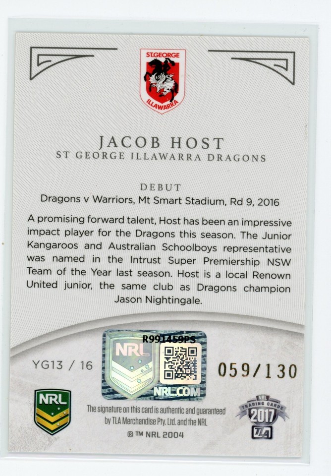2017 Elite Jacob Host (Dragons) Young Guns Signature NRL Card YG13 # 59 ...