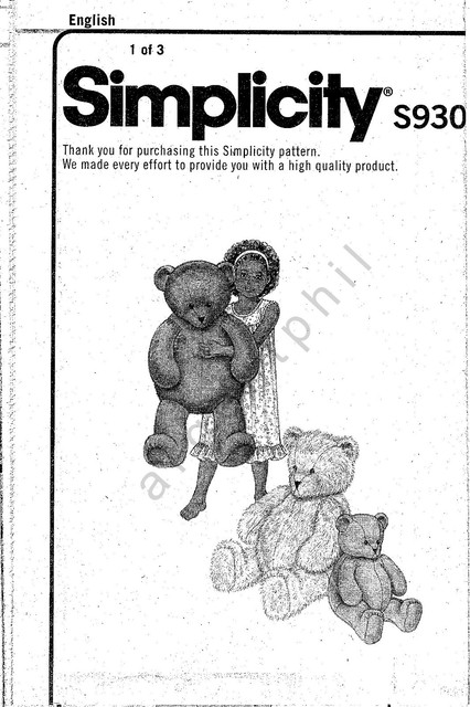 Simplicity S9307 Sewing Pattern Release Plush Stuffed Bears 2 Sizes ...