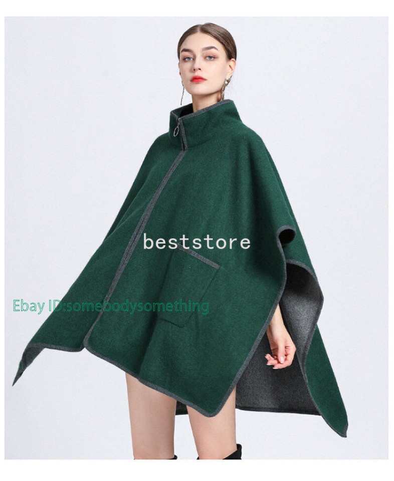 Zipper Women's Cape Oversized Cloak Faux Woolen Stand Collar Coat ...