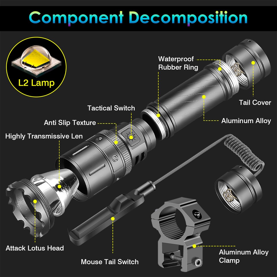 500000LM Gun Tactical LED Flashlight Picatinny Rail Mount for Hunting ...