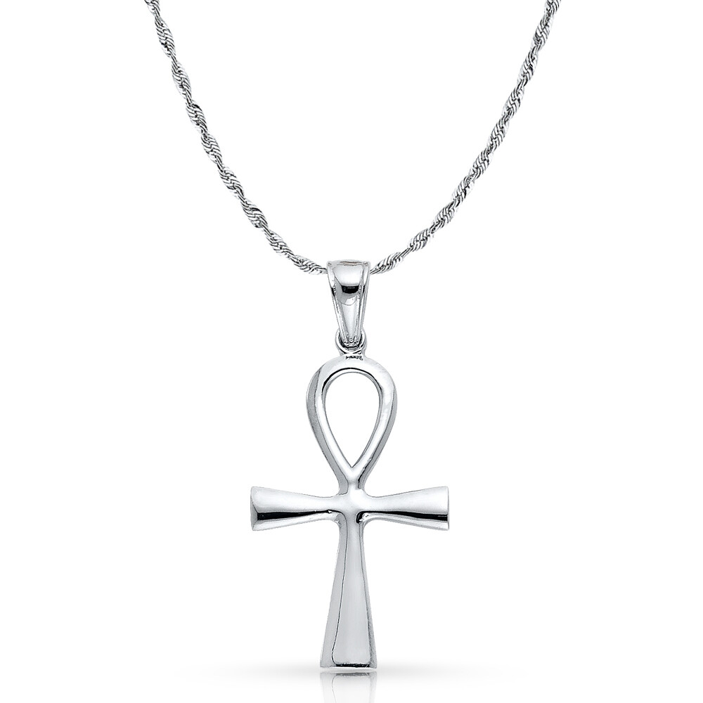 14K White Gold Egyptian Ankh Cross Charm Pendant with 2mm Rope Chain ...