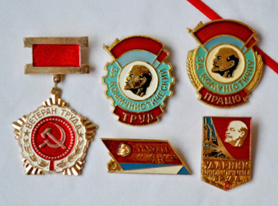 Soviet Communist award Badges vintage Lot 5x USSR Veteran labour Lenin ...
