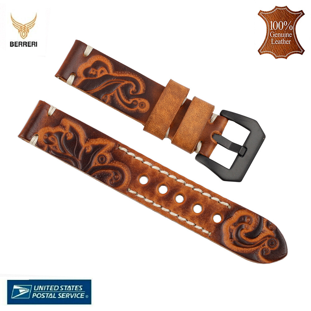 Genuine Leather Engraved Watch Strap Band Vintage 18mm 20mm 22mm 24mm ...