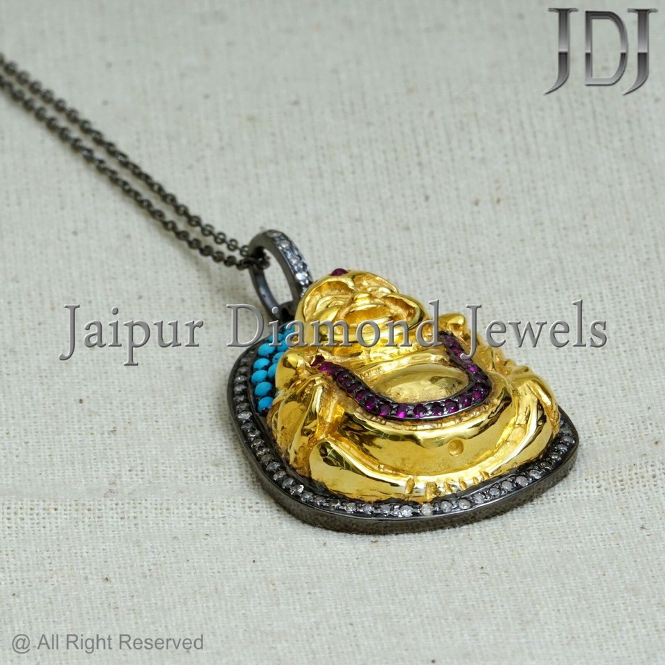 Natural Pave Diamond Turquoise Ruby Gemstone 925 Silver Buddha Chain ...