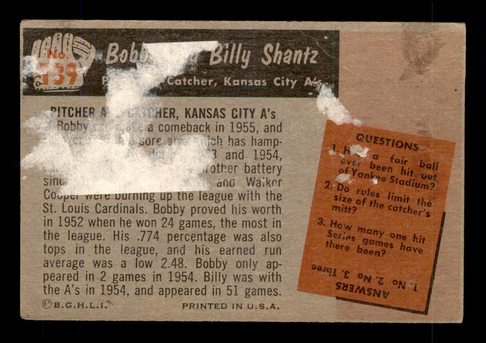 1955 Bowman #139 Bobby Shantz Billy Shantz GD | eBay