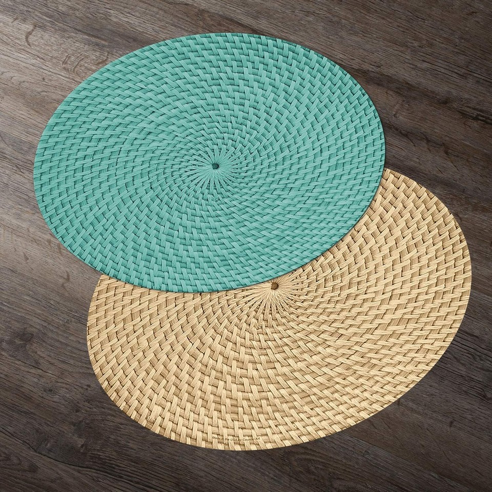 Teal and Natural Basket Weave Design Round Reversible Plastic Placemat ...