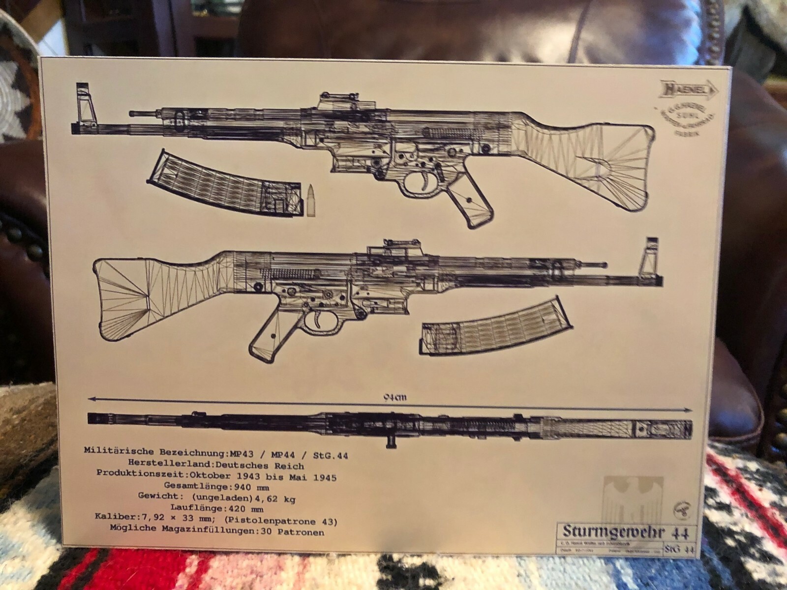 German WW2 Repro Drawing of MP43 Assault Rifle Tabletop Display Standee ...