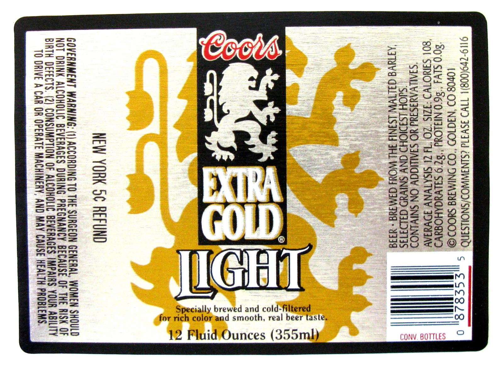 Coors Brewing EXTRA GOLD LIGHT beer label CO 12oz Var. #3 -New York 5c ...