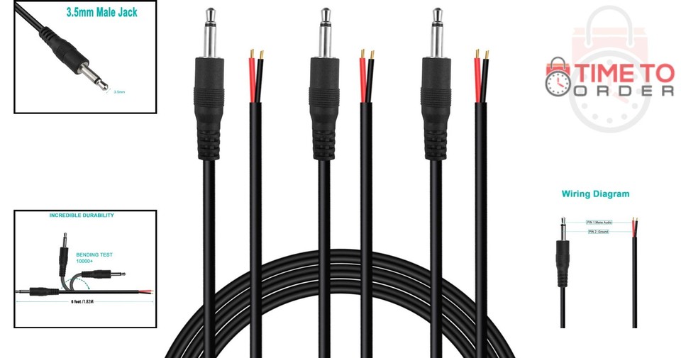 3 Pack 6ft 3.5mm Mono Male Plug to Bare Wire Audio Cable Repair for ...