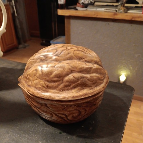 Fun Vintage Ceramic Nut Covered Dish Walnut Trinket Candy Container ...