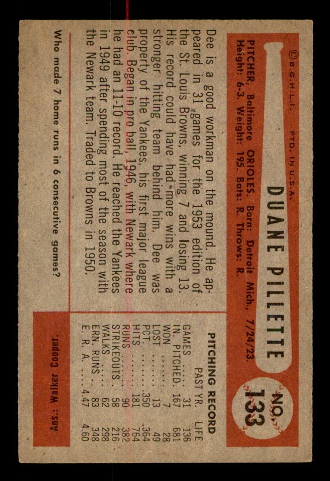1954 Bowman Baseball #133 Duane Pillette VG/EX *g1 | eBay