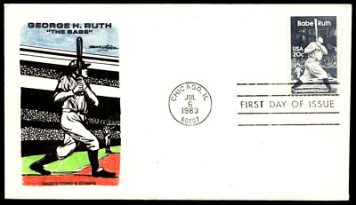 1983 Babe Ruth FDC "Babe" at Bat Black & White Hand Colored Gage Cachet ...