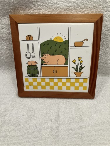 Vintage Pigs Kitchen Tile Trivet Wooden Frame Sun Window Retro ...