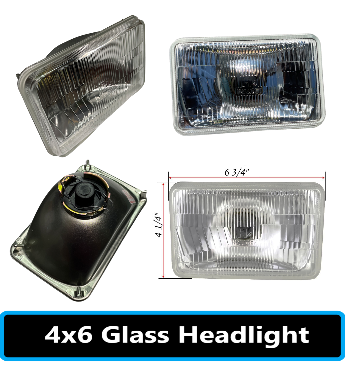 Four 4x6" Conversion Headlight Housing High/Low Beam Semi Sealed H4 ...