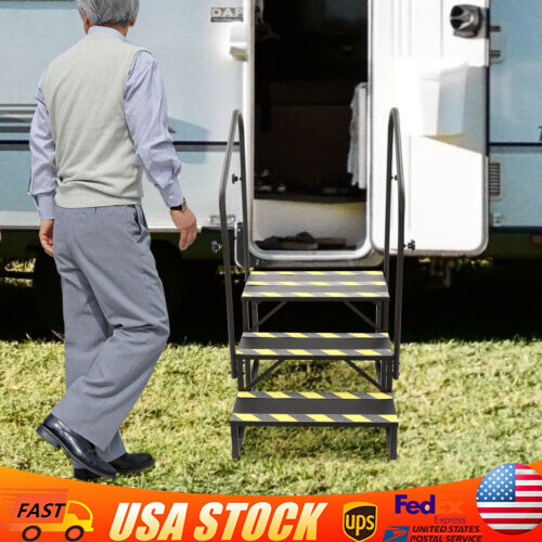 3 Step RV Steps with 2 Handrails Portable Stairs Steps for RV Camper ...