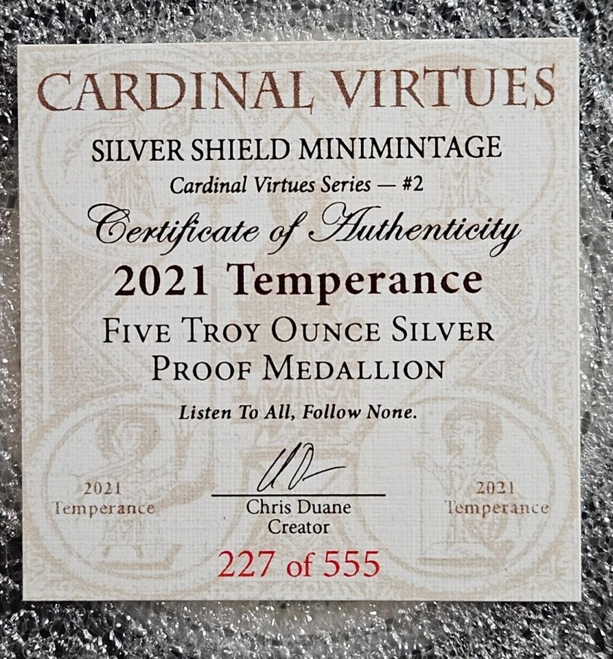 5 oz .999 Silver Shield Temperance Proof Silver Round #2 Cardinal ...
