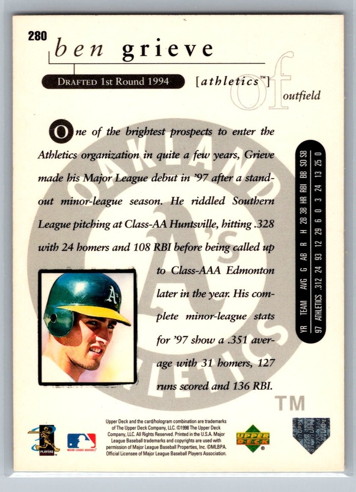 1998 Upper Deck Star Rookie Baseball #280 Ben Grieve Oakland Athletics ...