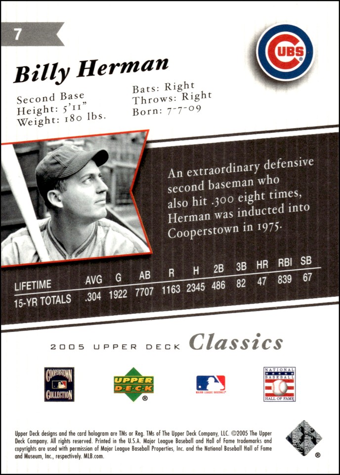 2005 Upper Deck Classics #7 Billy Herman Chicago Cubs | eBay