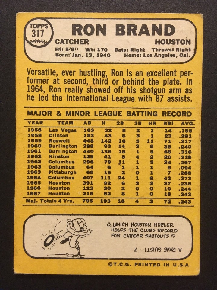 Ron Brand Astros Signed 1968 Topps Baseball Card #317 Auto Autograph | eBay