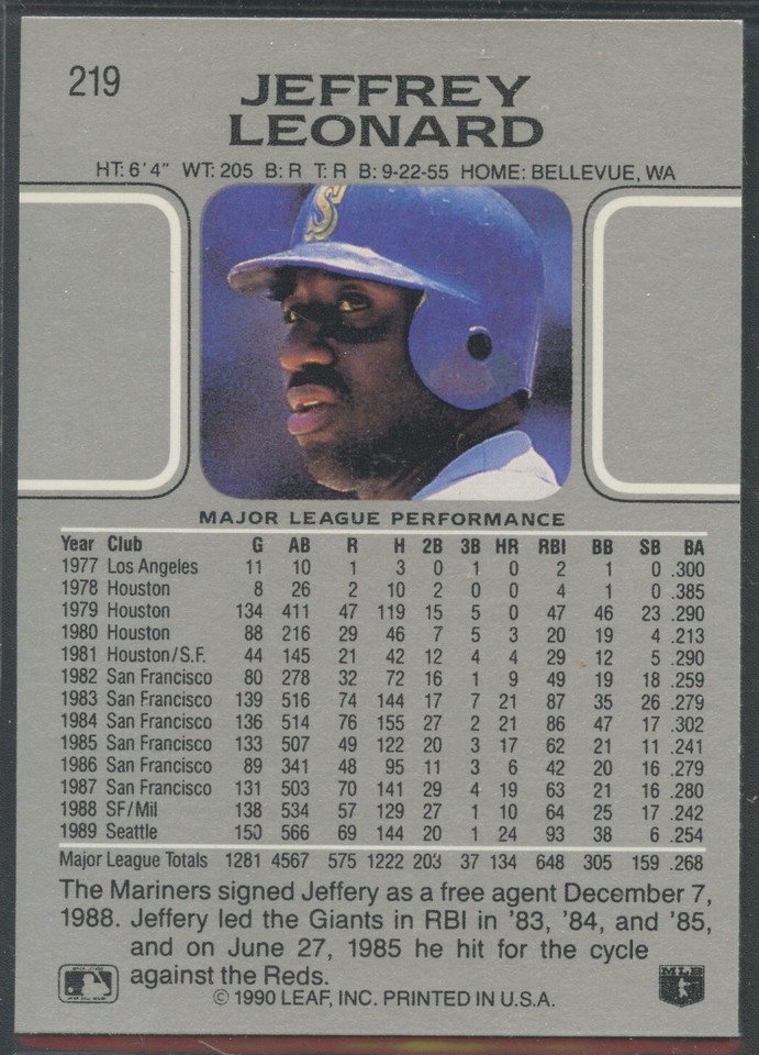 1990 Leaf #219 Jeffrey Leonard Seattle Mariners | eBay