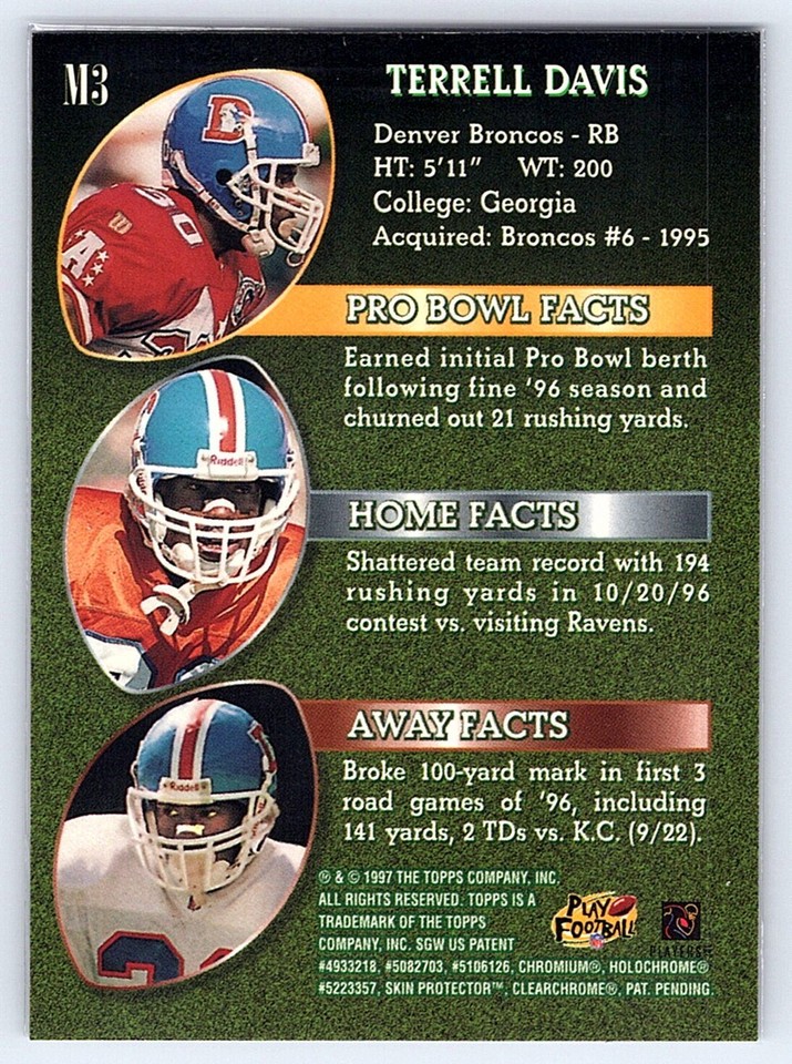 1997 Topps #M3 Terrell Davis Mystery Finest Excellent | eBay