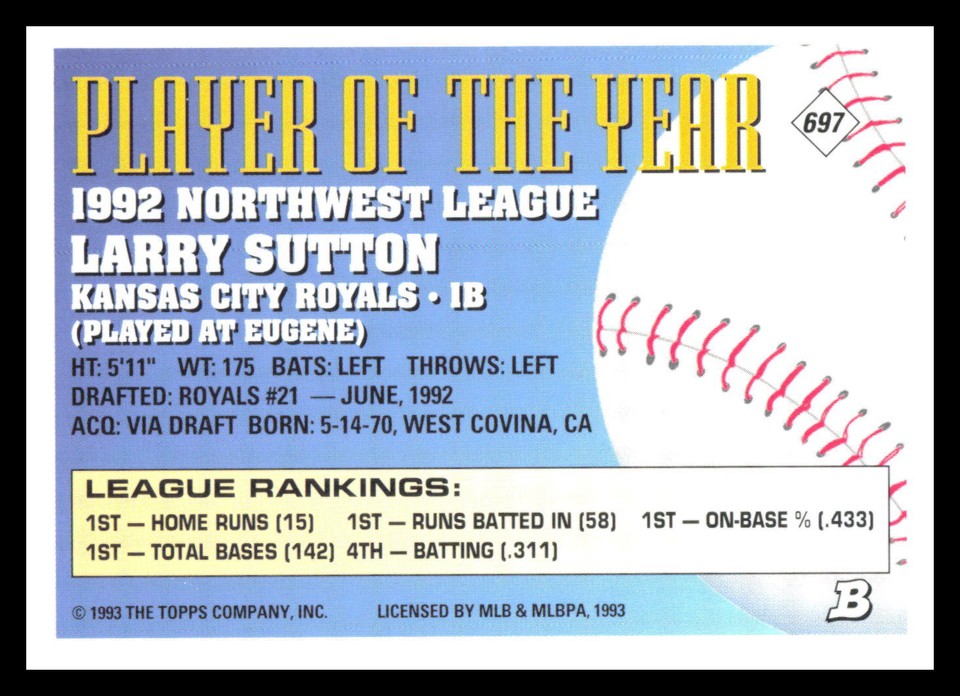 1993 Bowman Larry Sutton #697 RC Kansas City Royals 4G | eBay