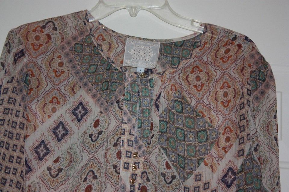 Johnny Was Jade Samahil Peasant Top with Crystal Buttons Womens Sz ...