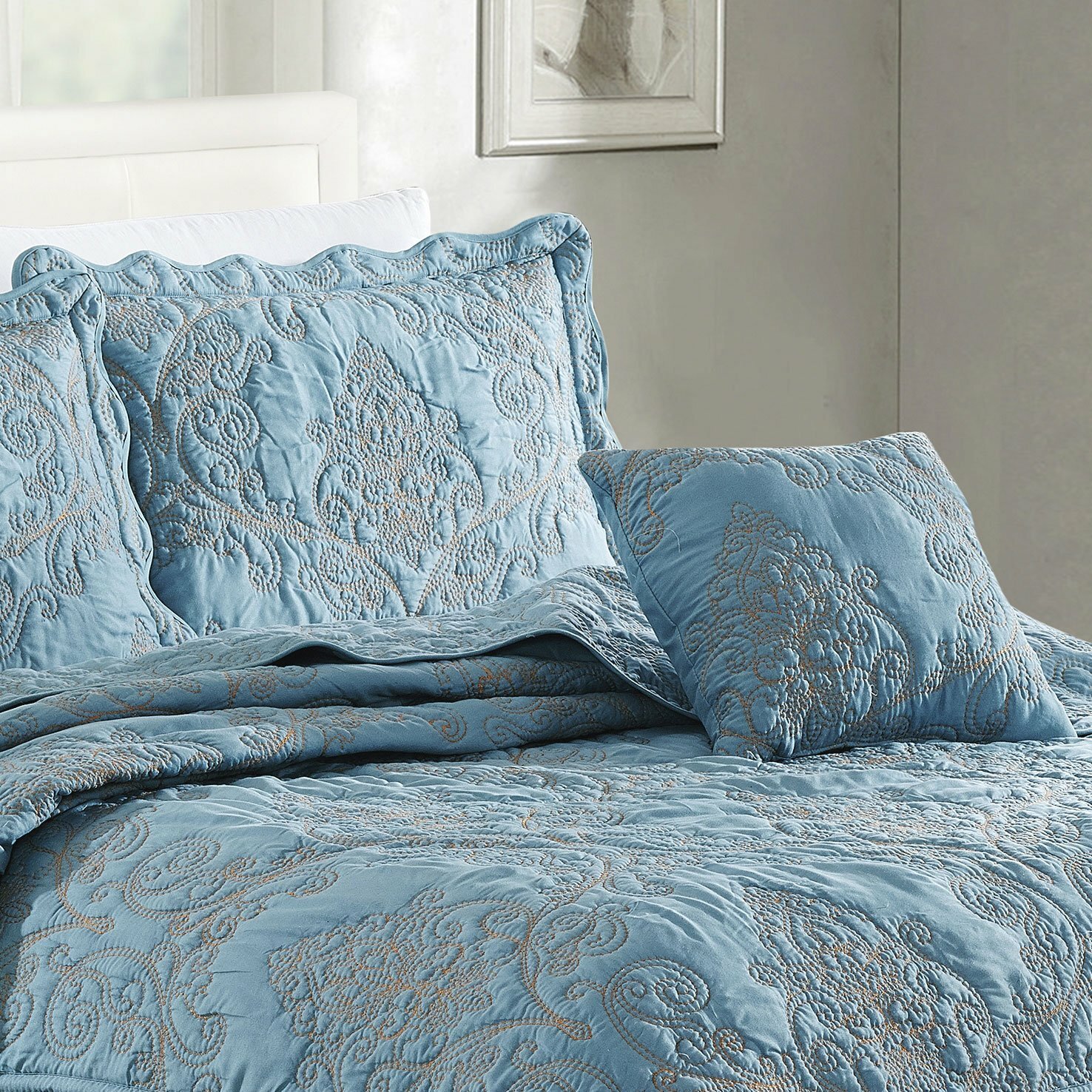 Blue Gold Embroidered 4 pc Quilt Set Coverlet Queen King Bedding Solid ...