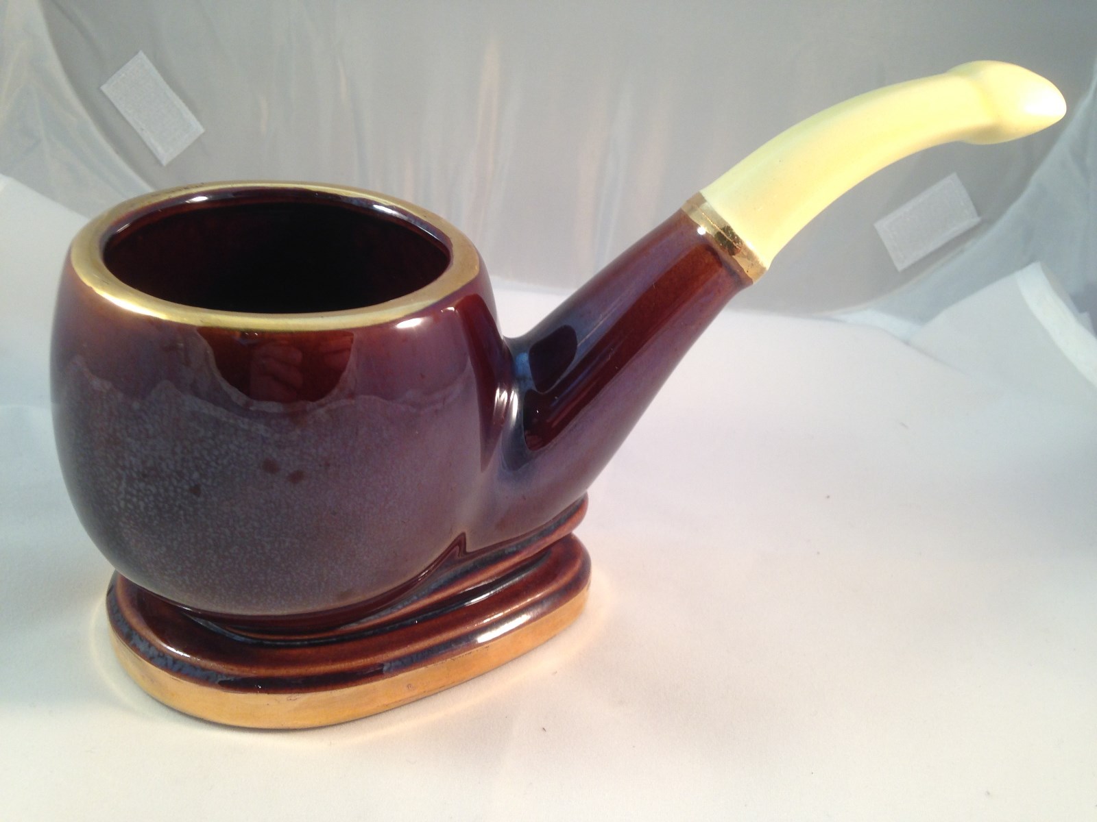 Shafer USA Smoking Pipe Bowl Brown Pottery 23K Gold Trim Planter Vase ...