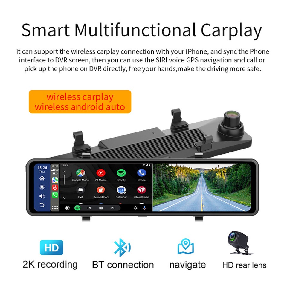 Car DVR Rearview Mirror Dash Camera Dual Lens 2K +1080P CarPlay ...