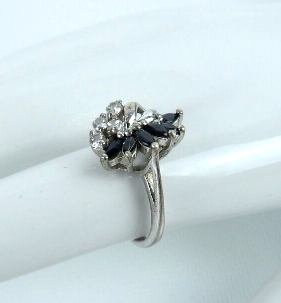 Signed RJ 925 Sterling Silver Size 6 Black Onyx & CZ Prong Set Leaf ...