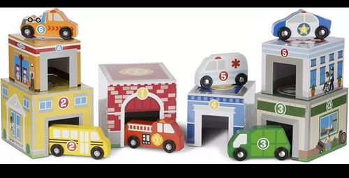 Melissa & Doug Nesting & Sorting 6 Buildings & Wooden Vehicles ...