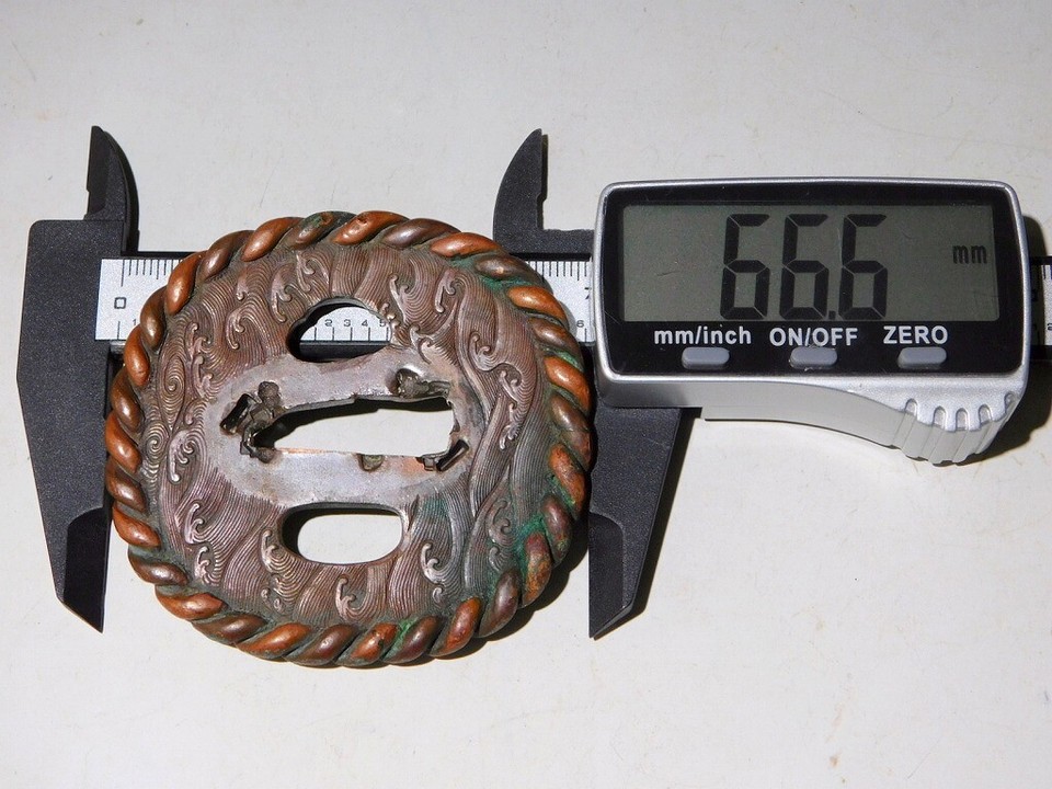 Rare Design Wave and Spiral Mimi Great Carving Tsuba Edo original tsuba ...