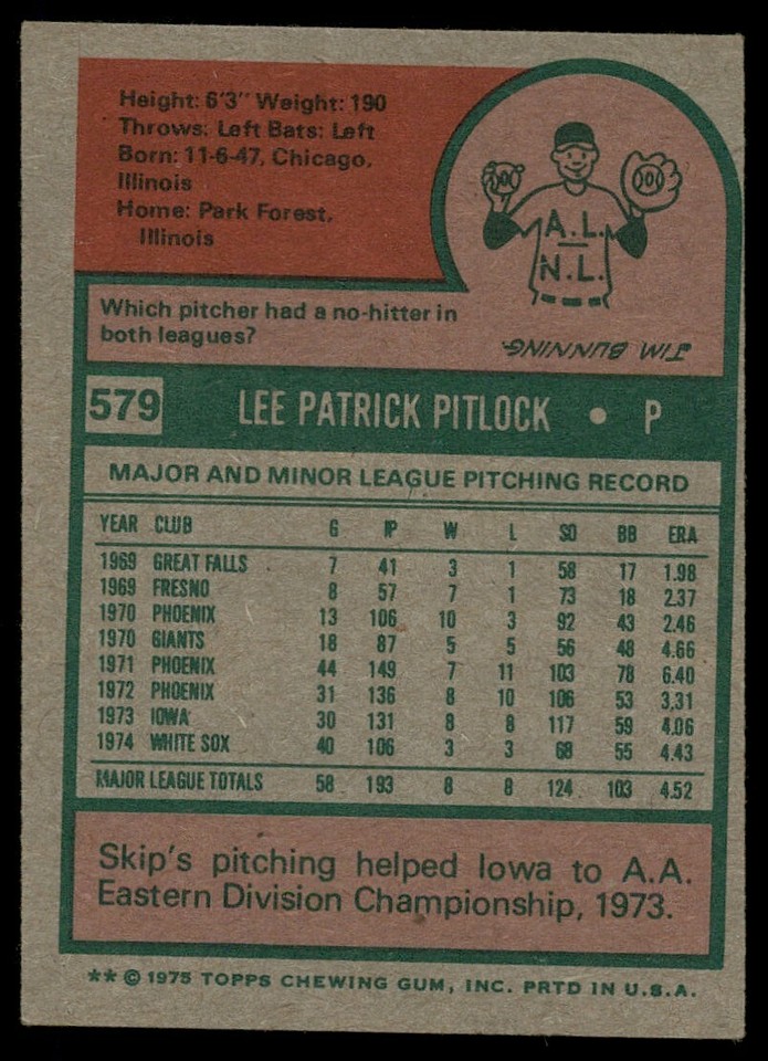 1975 Topps Skip Pitlock #579 Mid Grade EX to NM+ Chicago White Sox | eBay