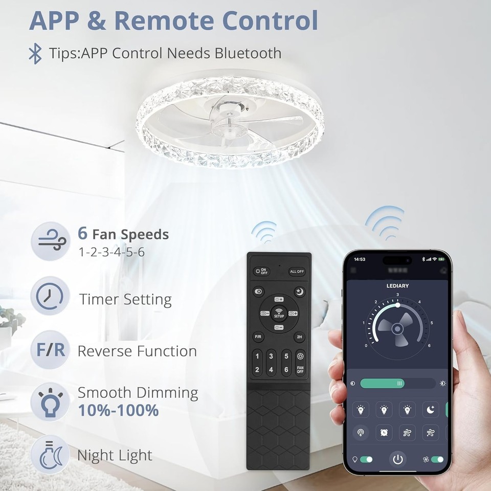 28" Modern Fan Lights Flush Mount LED Ceiling Light kit With Remote APP ...