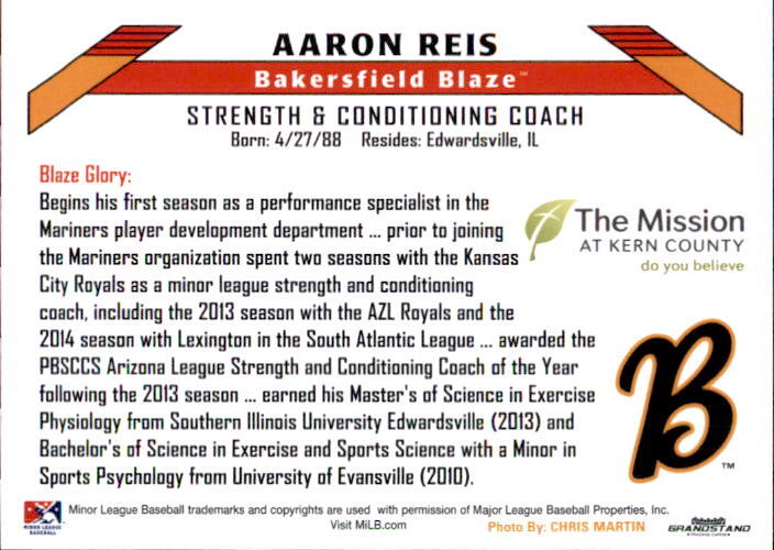 2015 Bakersfield Blaze Grandstand #22 Aaron Reis Edwardsville Illinois ...
