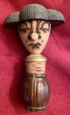 Vintage Wood Brass Plastic Carved Matador Man Bottle Cork Wine Bottle ...