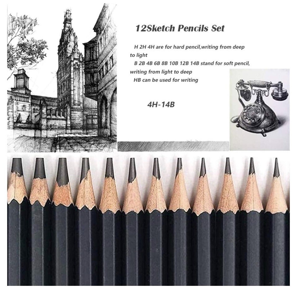 12pcs Drawing Pencils Sketch Pencils Set 14B 12B 10B 8B 6B 4B 2B B HB H ...