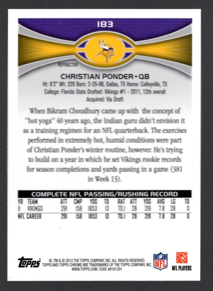 2012 TOPPS CHROME REFRACTOR CHRISTIAN PONDER CARD #183 **NM-MT ...
