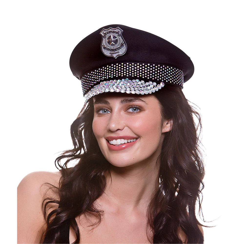 Deluxe Cop Hat With Diamantes Ladies Police Officer Fancy Dress Costume ...