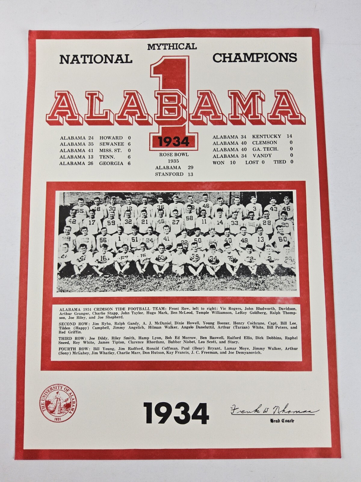 1934 Alabama Football Mythical National Champions Poster Vintage RARE ...
