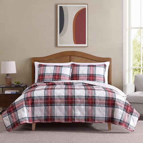 Mainstays 3-Piece Adult Quilt Set, Red Tartain Plaid, Full,Queen ...